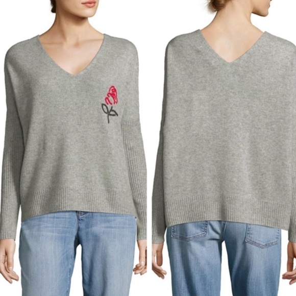 Wildfox | Sweaters | Wildfox Grey Cashmere Red Rose Embroidered V Neck ...